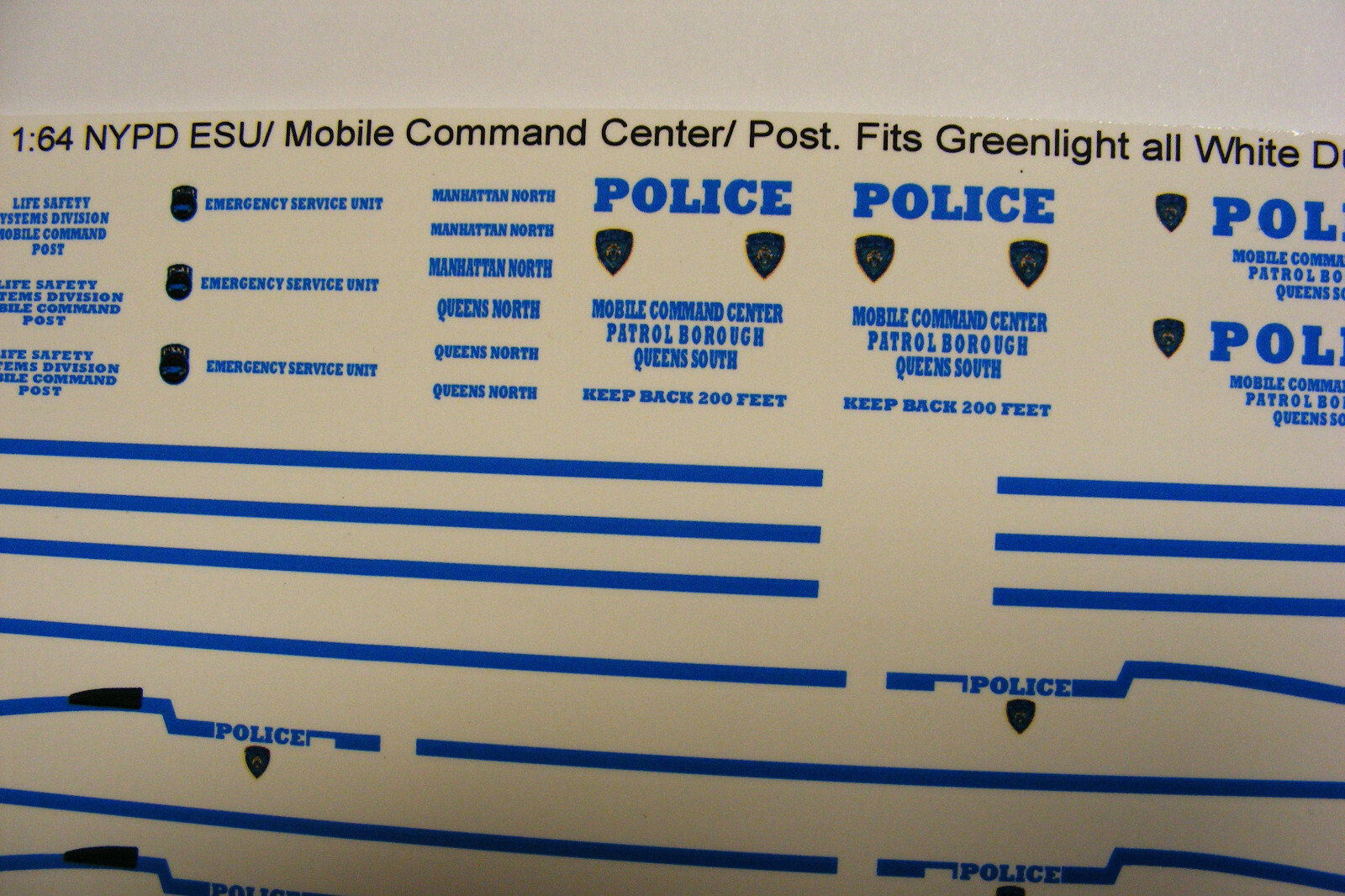 NYPD ESU Command Post 1:64 Water slide Decal set Fits GL Ambulances and ...