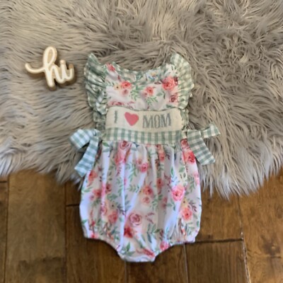 Busy Bees Girls Smocked Romper Floral Flower I Love Mom Size 2T Pink ...