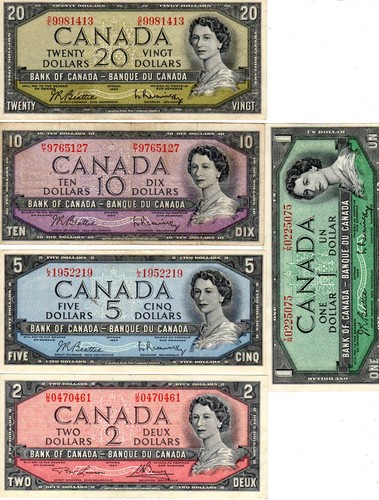 1954 Set of 5 Canadian Bank Notes, $1, $2 $5 $10, $20 | eBay