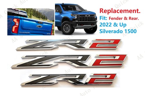 3PCS Chrome Red Fender Rear ZR2 Emblems Badge 2022-2026 Chevy Silverado ...