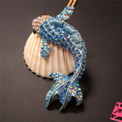 Pretty Blue Enamel Goldfish Fish Crystal Pendant Fashion Women Chain ...