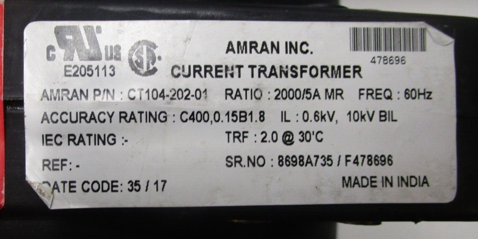 Amran Inc. CT104-202-01 Current Transformer 2000/5A Feq 60 Hz (New) | eBay