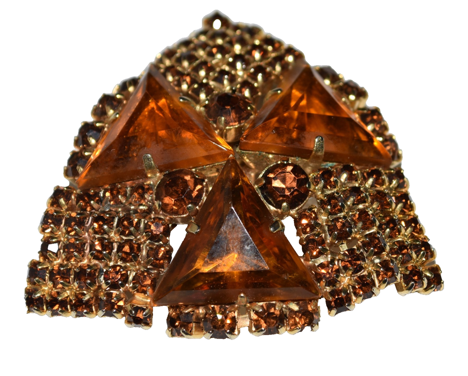 Vintage Large Triangular Shape Amber Rhinestones Gold Tone Triangle ...