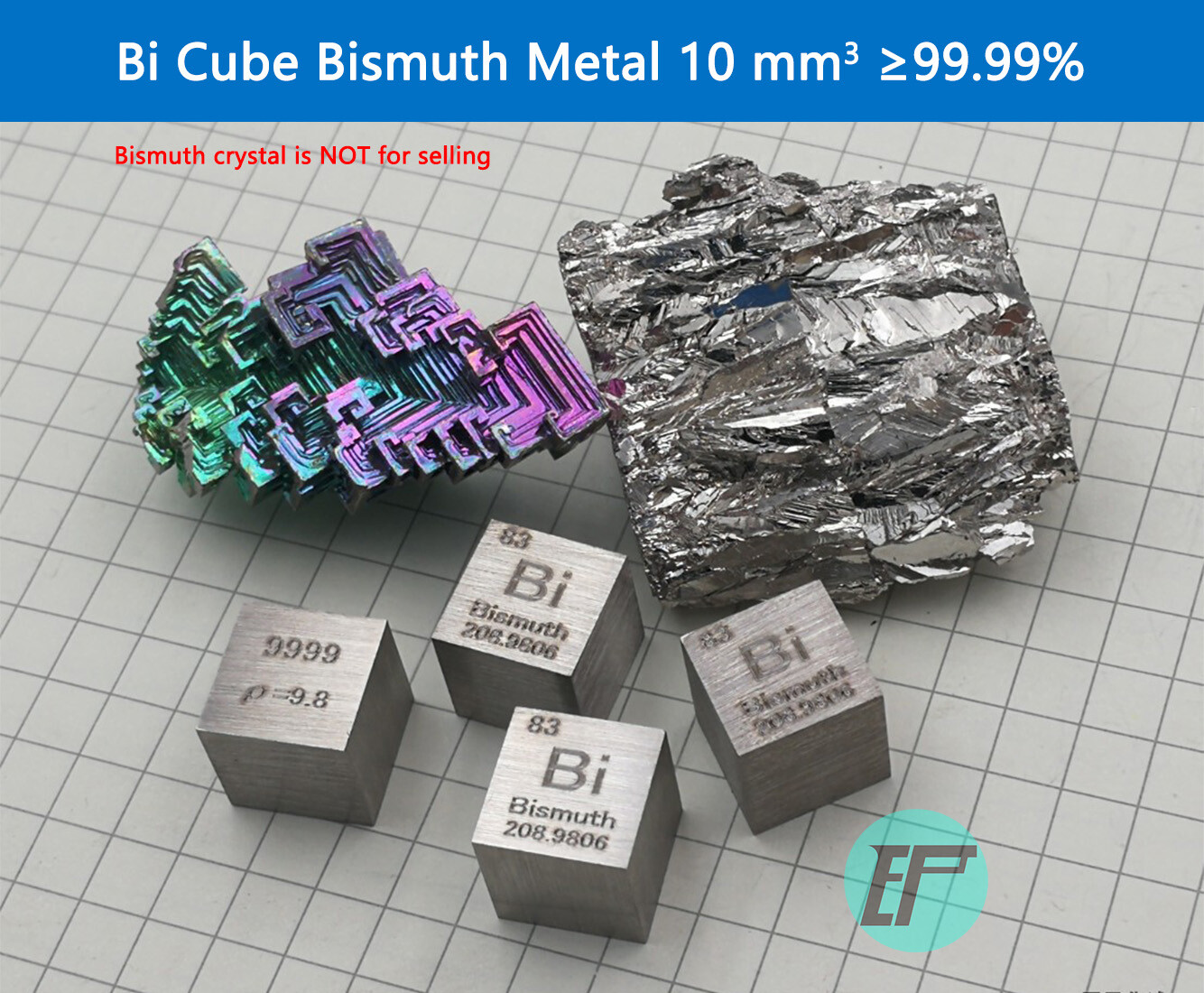 Metal Bismuth Bi Cube 10 mm Periodic Table Format High Purity ≥99.99% ...