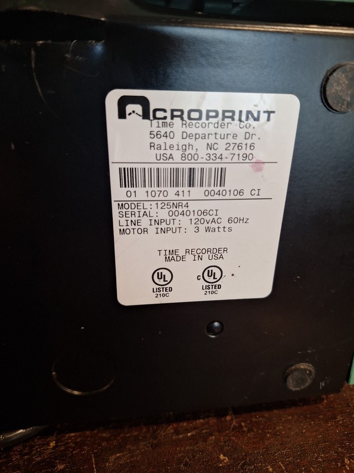 Acroprint Time Recorder Model 125NR4 Time Clock NO KEY But Works Good ...