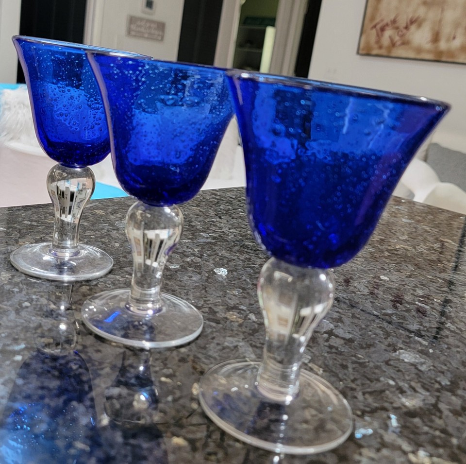 Hand Blown Glass Deep Cobalt Blue Goblets set of 3, Air Bubble Stemware ...