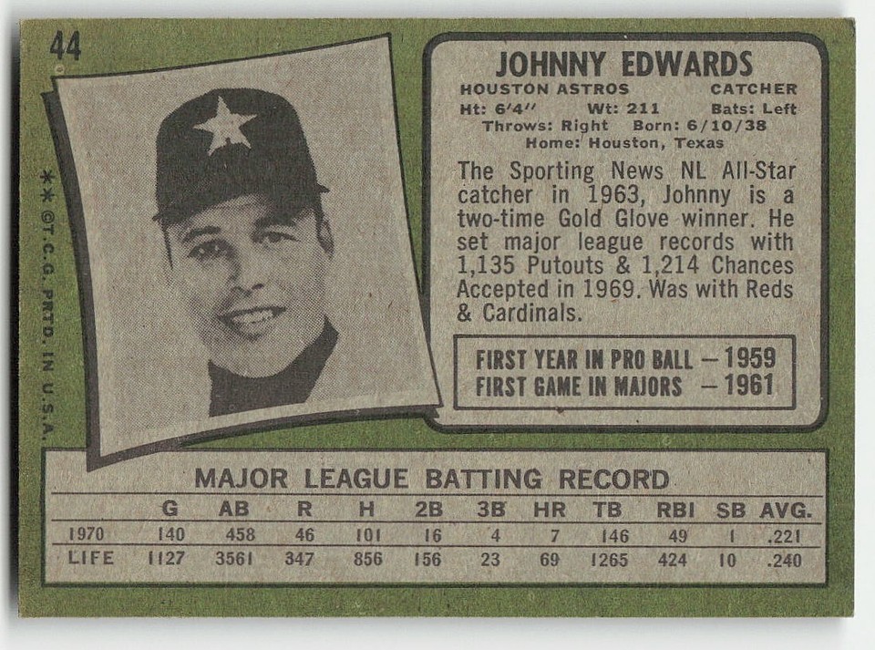 1971 Topps #44 Johnny Edwards BASEBALL Houston Astros | eBay