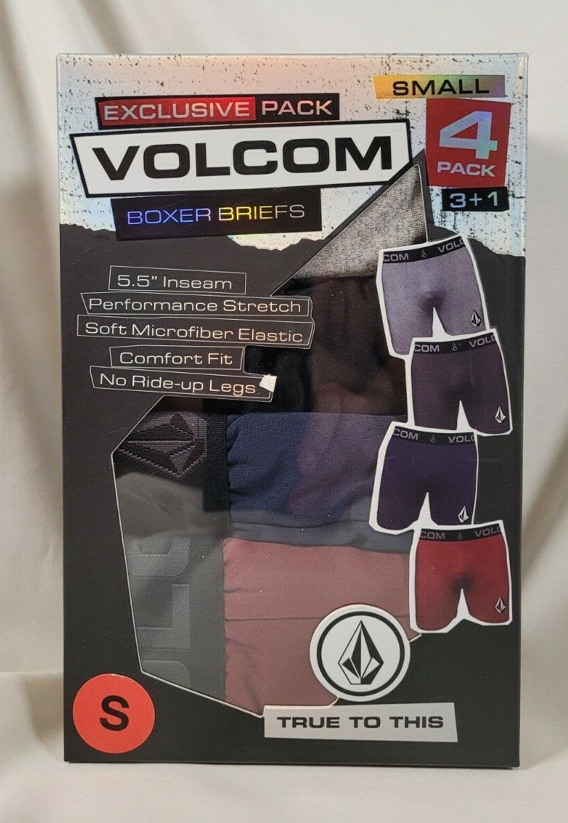 Volcom Mens 4 Pack Grey Blue Black Comfort Fit Boxer Briefs Underwear S ...