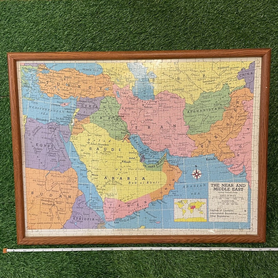 VTG PUZZLE MAP - The Near and Middle East - Complete + Framed 25” x 19 ...