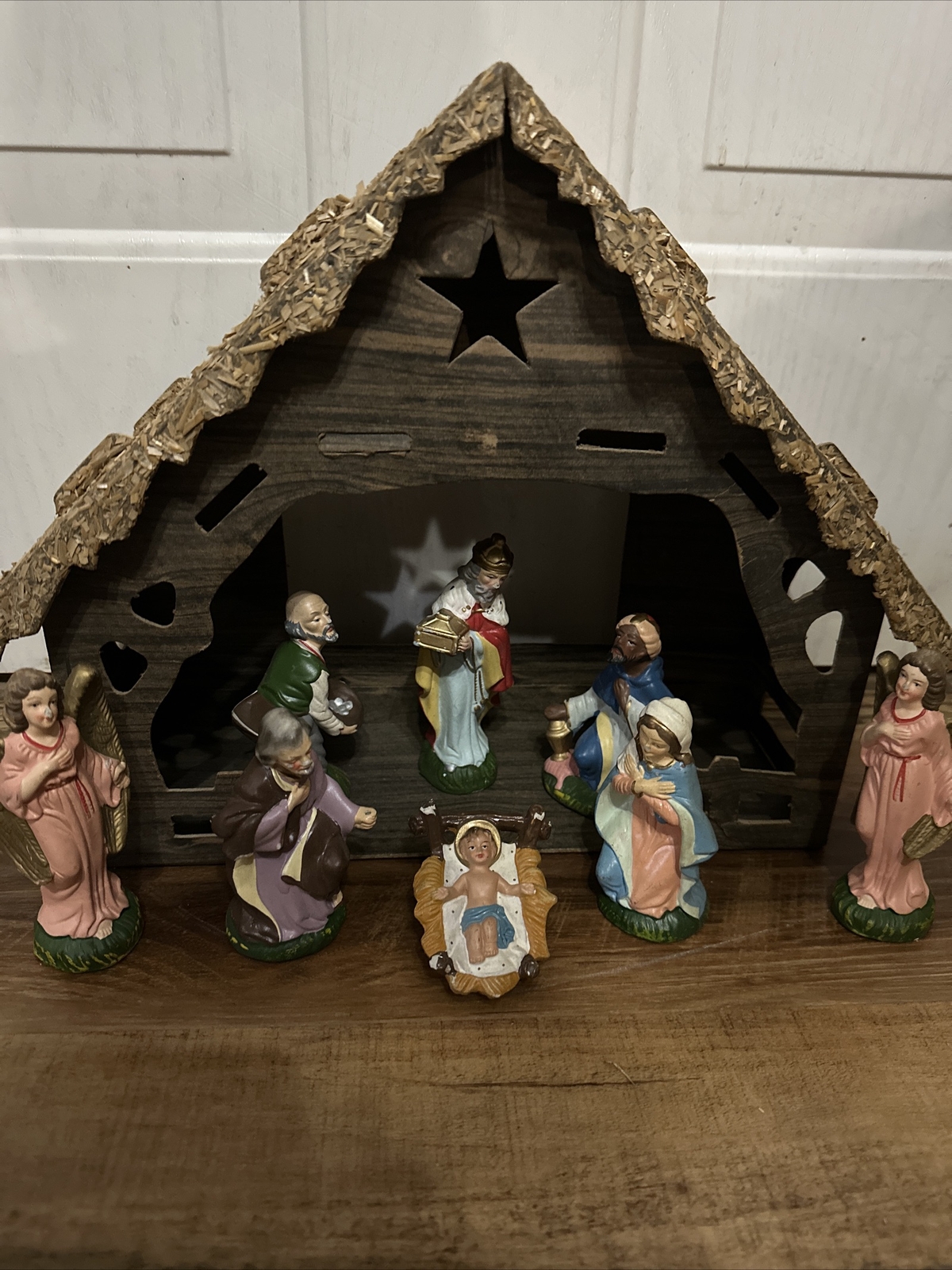 Vtg 1950s Nativity Cardboard Creche Manger 8 Chalkware Figures ...