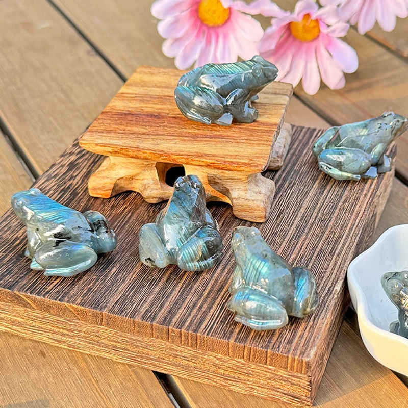 2PCS Natural Labradorite Quartz Crystal Stone Frog Carved Healing Reiki ...