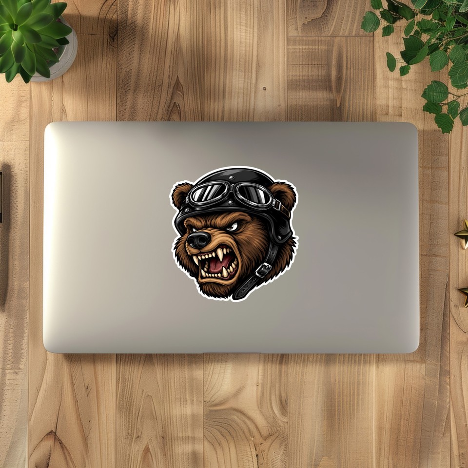 Angry Brown Bear Biker Animal Motorbike Motorcycle Vinyl Sticker Decal ...