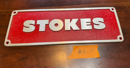 VINTAGE ALUMINUM PLAQUE “ STOKES “ Vacuum Pump Name Tag Badge EMBLEM ...