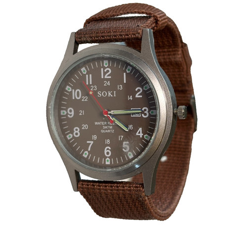 PRE OWED SOKI MEN'S QUARTZ FIELD WATCH, ORIGINAL STRAP AND NEW SILICONE ...