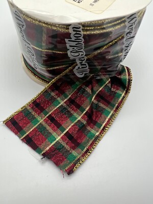 2.5/8"x15" Yards Lion Ribbon Co. Burgundy, Green, Gold Checked Wired ...