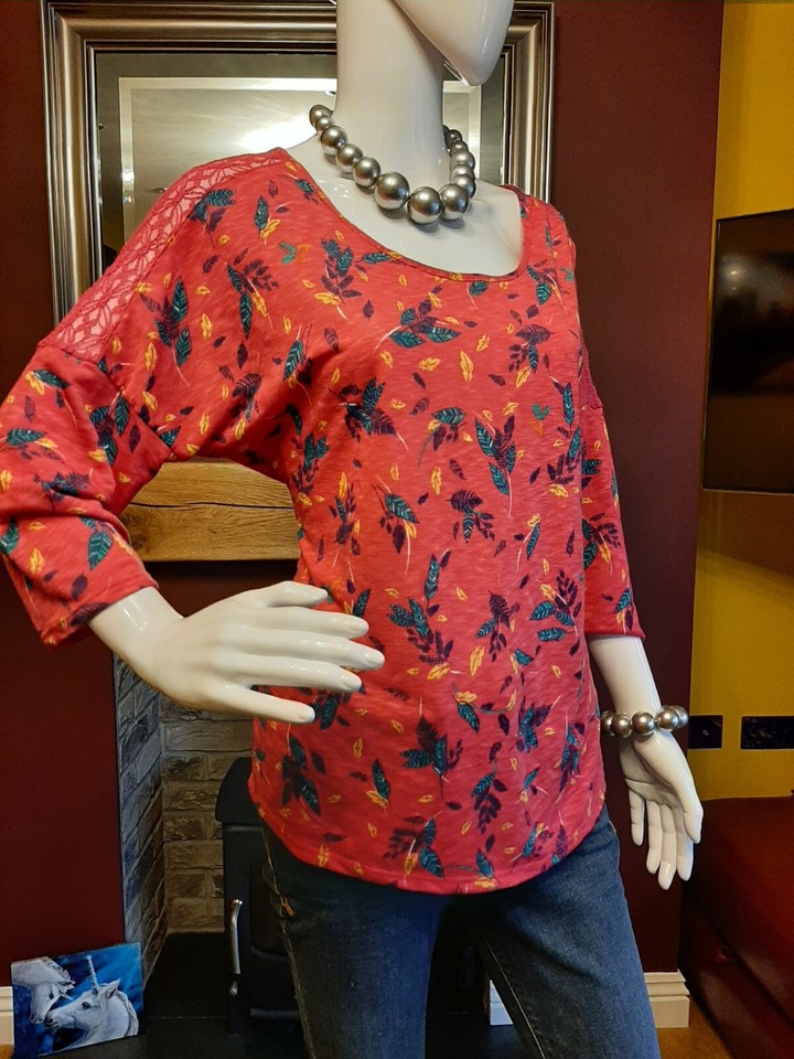 PER UNA Top Jumper size 14 uk pink cerise leaf design Casual Weekend ...