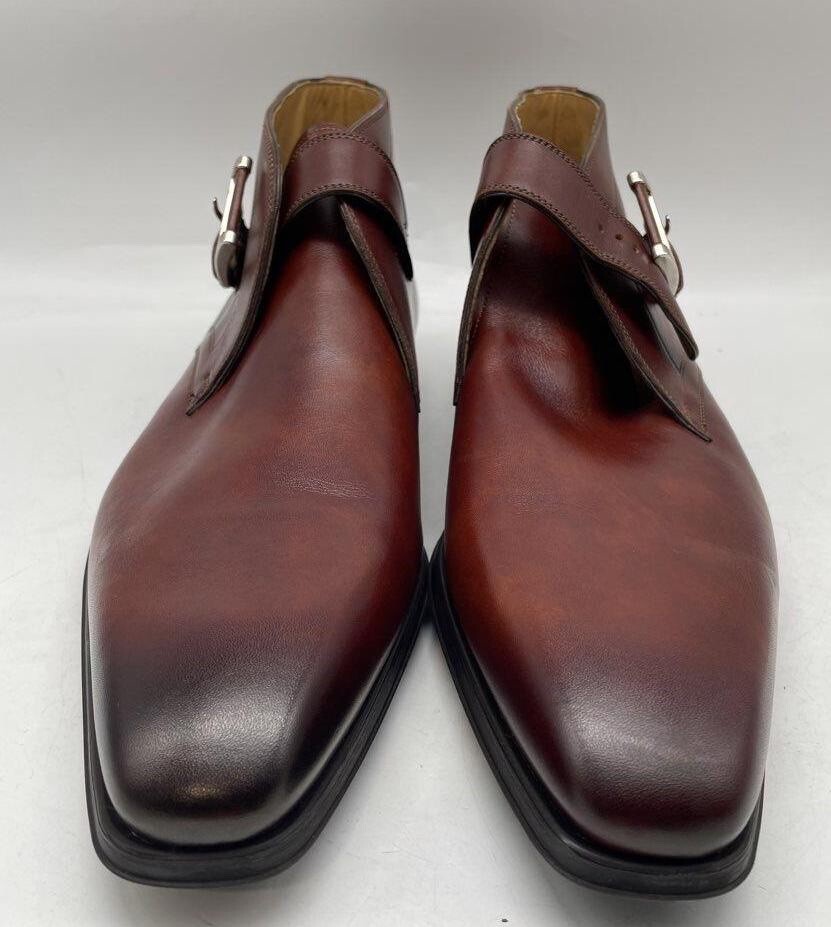 Magnanni Brown Leather Ankle Single Monk Strap Chukka Boots Dress Men ...