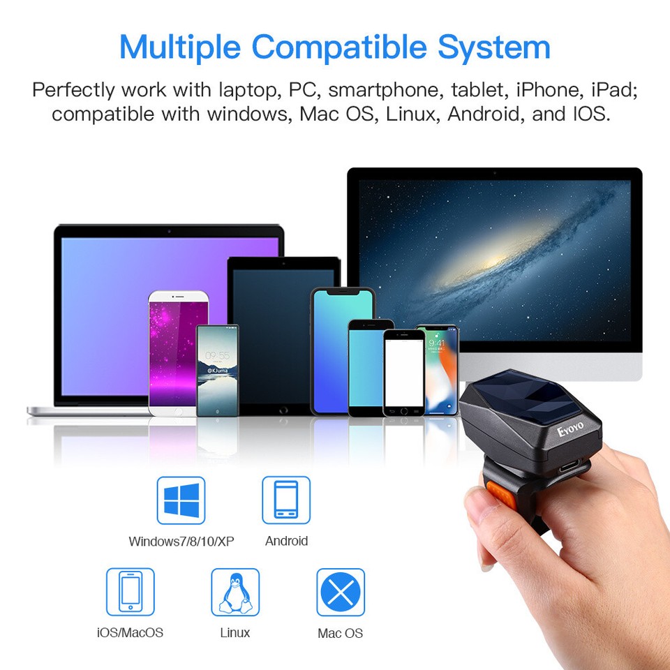 2D QR Code Finger Barcode Scanner Wireless Wearable Ring Scanner for PC ...