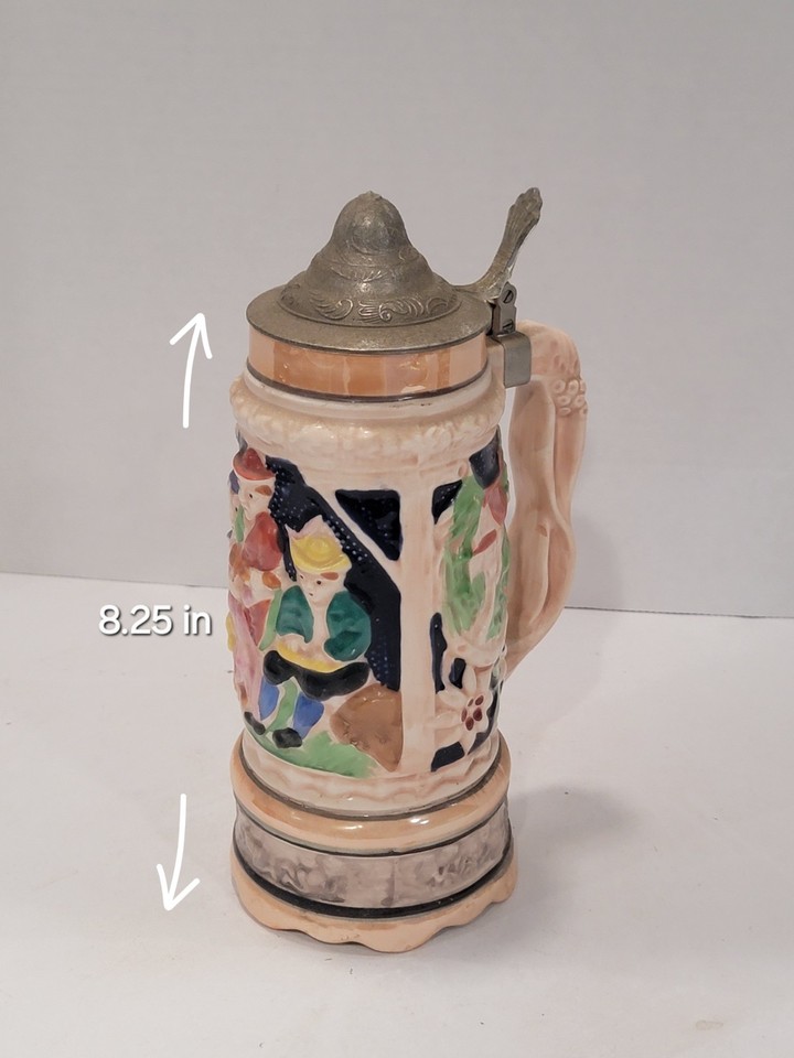 Vintage German Beer Stein With Lid Music Box On Bottom Hand Painted 8. ...