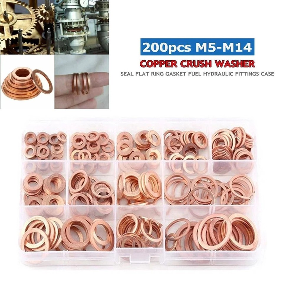 200x Solid Copper Crush Washer Gasket Set Flat O-Ring Seal Assortment ...