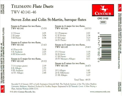 STEVEN ZOHN/COLIN ST-MARTIN TELEMANN: FLUTE DUETS TWV 40:141-46 NEW CD ...