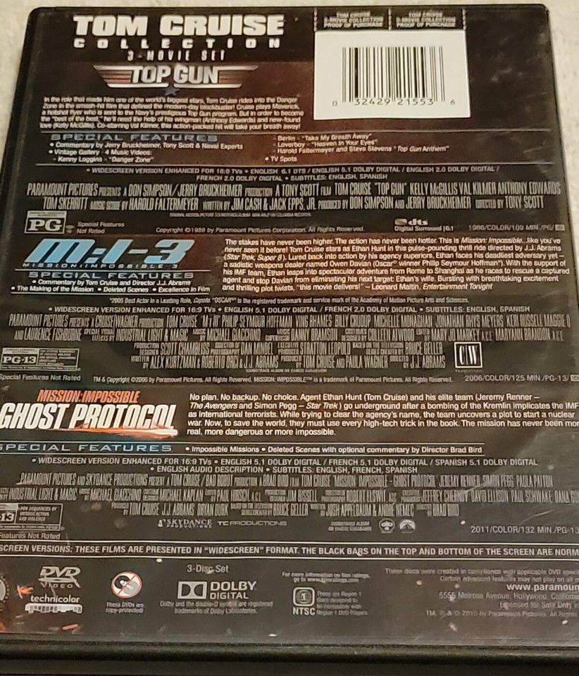 Tom Cruise Collection DVD 3 Disc Set top gun , mi3 , ghost protocol ...