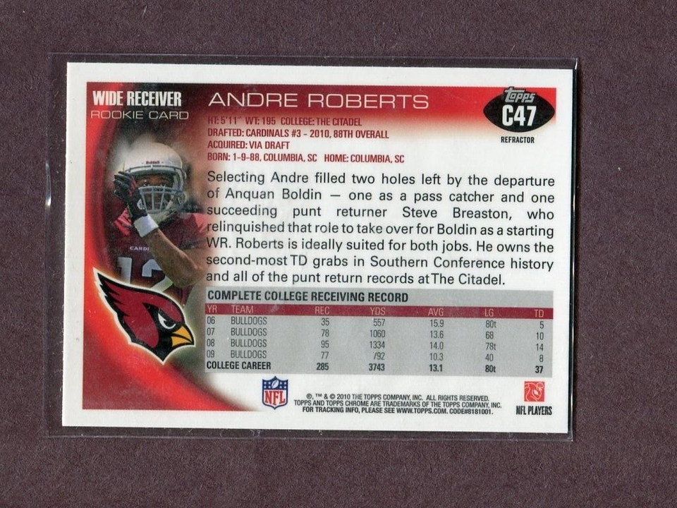 ANDRE ROBERTS ARIZONA CARDINALS 2010 TOPPS FOOTBALL CARD #C47 REFRACTOR ...