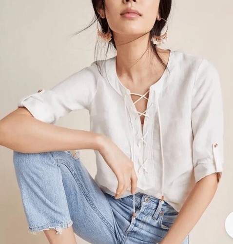 Anthropologie Maeve 100% Linen Marva White Lace Up Top Blouse Size 0 ...