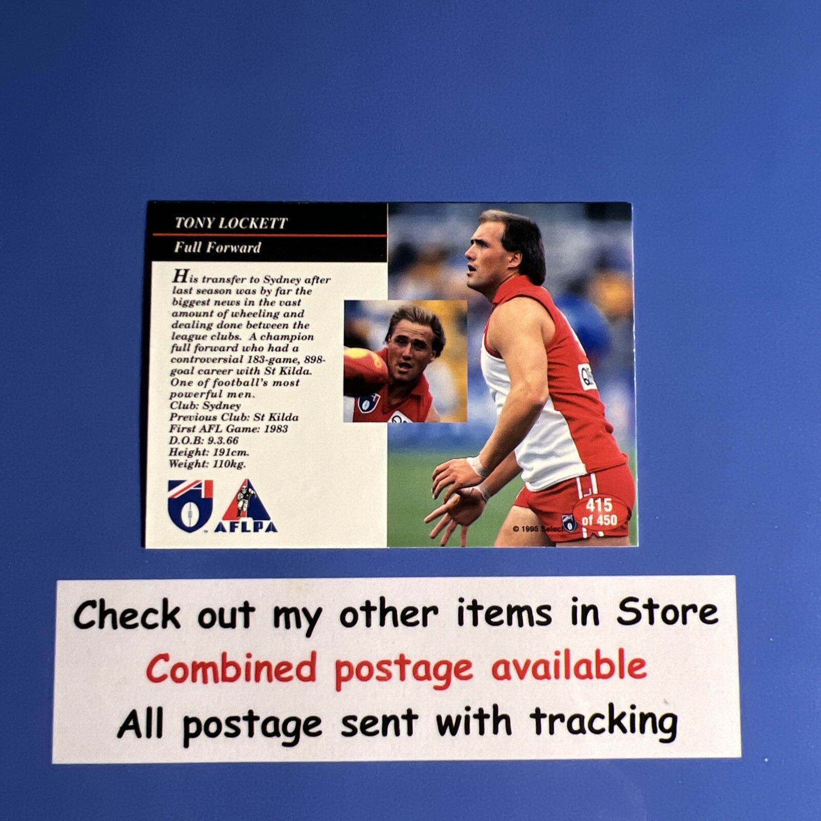 AFL SELECT PLAYER TRADE TONY LOCKETT SYDNEY SWANS FOOTBALL CLUB CARD ...