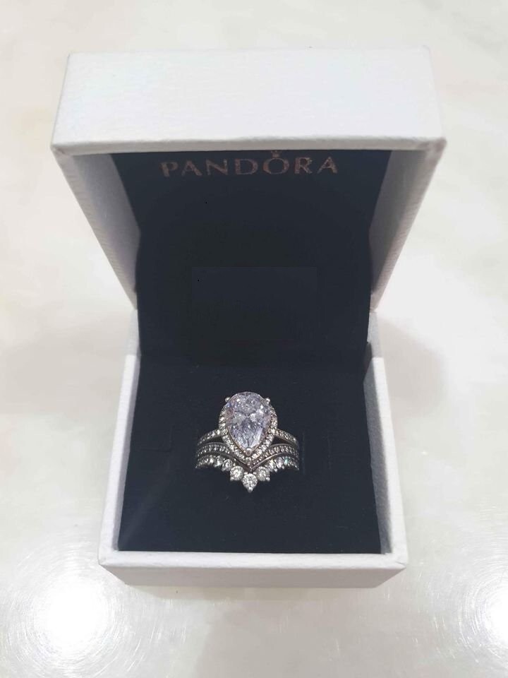 Pandora Sparkling Teardrop Halo and Princess Wish ring set size 6 | eBay