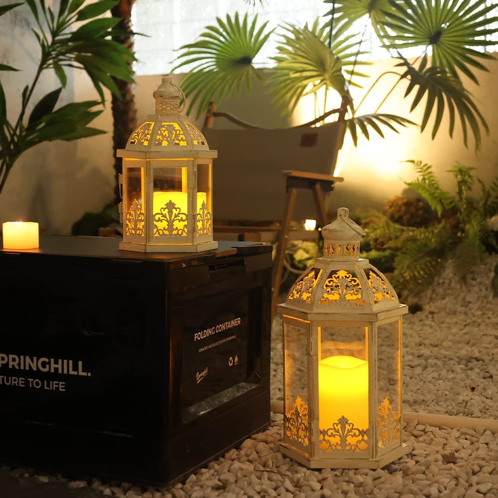 Lanterns Decorative Outdoor&indoor Set Of 2 15"&11" Beige Metal Lantern ...