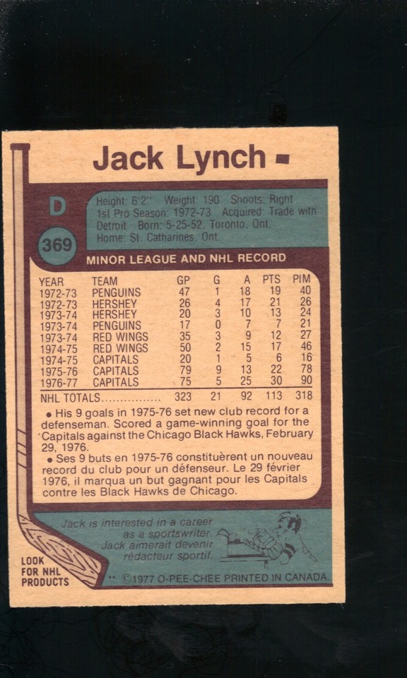 1977 O-PEE-CHEE HOCKEY CARD JACK LYNCH #369 NM-MT CAPITALS | eBay
