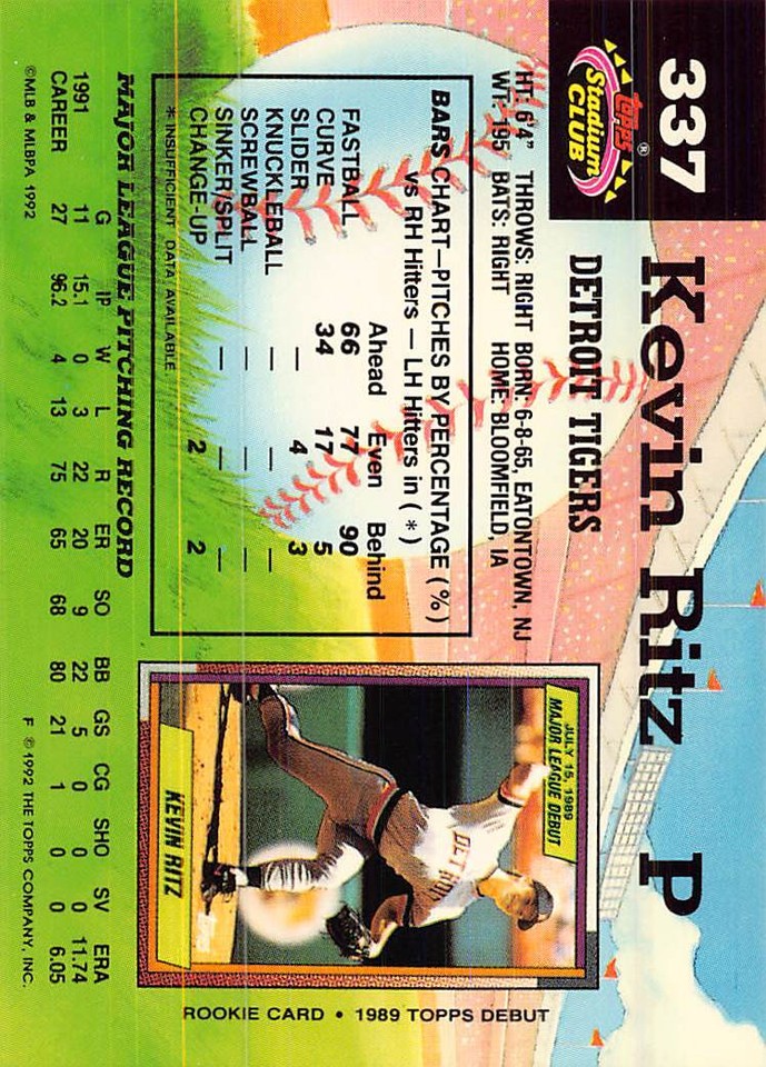 Kevin Ritz 1992 Stadium Club 337a Detroit Tigers BASEBALL Card | eBay