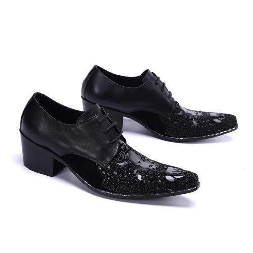 Mens Leather Block Chunky Heel Casual Pointy Toe Dress Shoes Lace Up ...