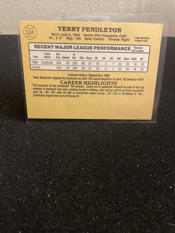 Terry "Jeff" Pendleton 1985 Donruss #534 Error Rookie set break | eBay