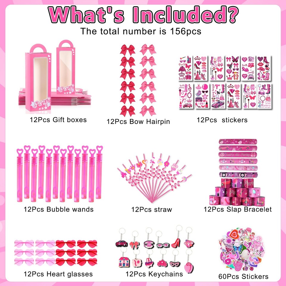 156PCS Pink Girls Party Favors - Little Girl's Birthday Supplies Set ...