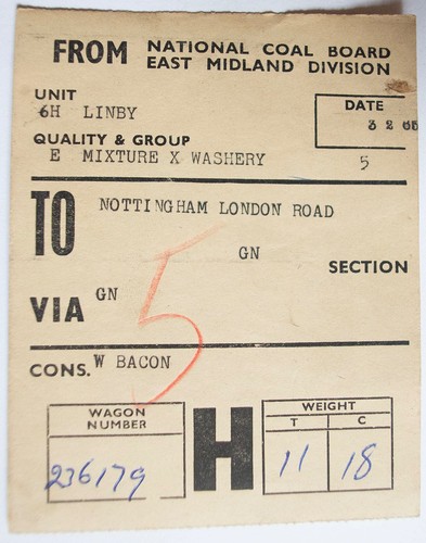 NCB National Coal Board Wagon Label 6H Linby Colliery - Nottingham 3/2 ...