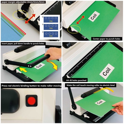 Spiral Coil Binding Machine-Hole Punch 46 Holes Binder W/ Electric Coil ...