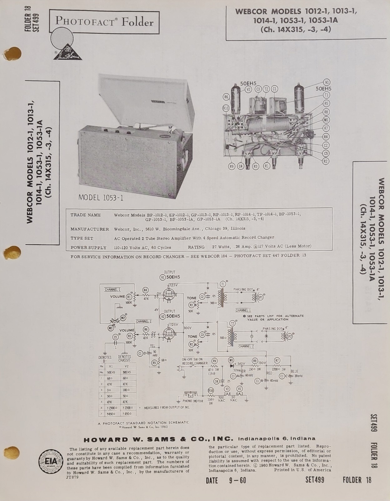 SAMS PHOTOFACT SERVICE MANUAL 499-18 WEBCOR 1012-1 1013-1 1014-1 1053-1 ...