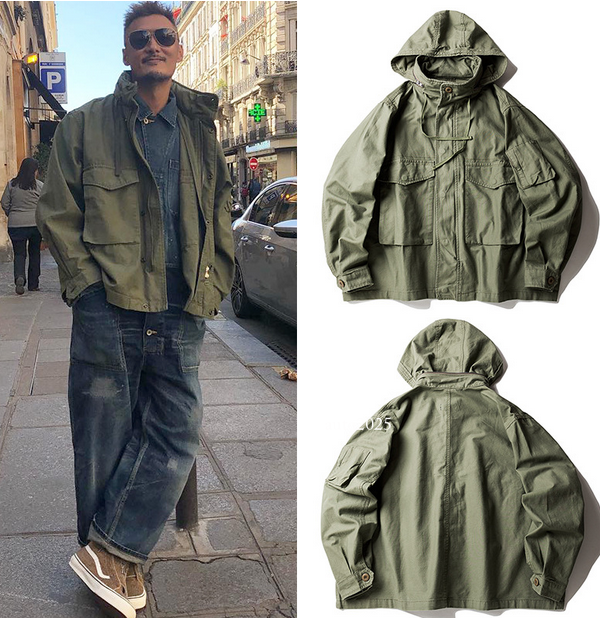 Men Jacket Loose Parka Hooded Army Pullover Pocket Casual Coat Oversize ...