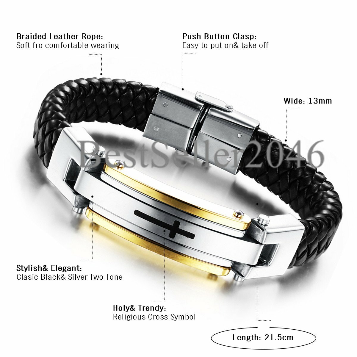 Men's Stainless Steel Leather Bracelet Braided Cuff Cross Wrist Bangle ...