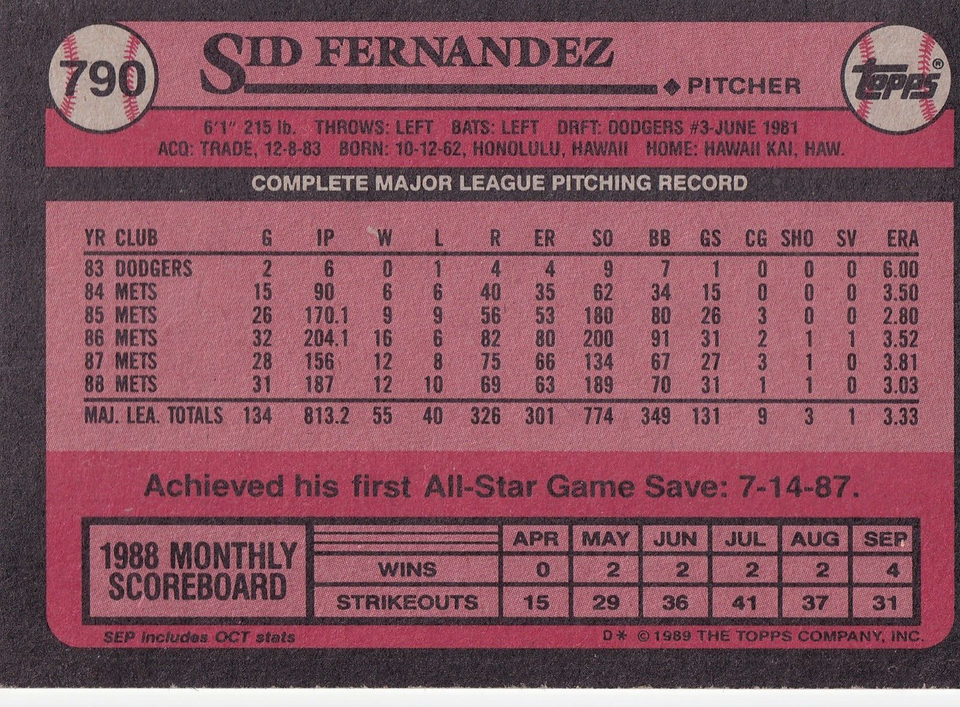 1989 Topps #790 Sid Fernandez MLB New York Mets + (Yes 3 Free Mystery ...