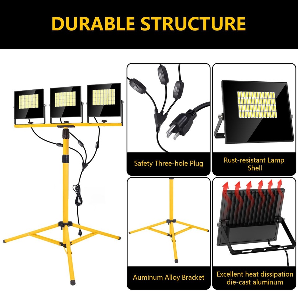 36000 Lumen Work Lights with Stand, 3 Adjustable Head LED Work Light ...