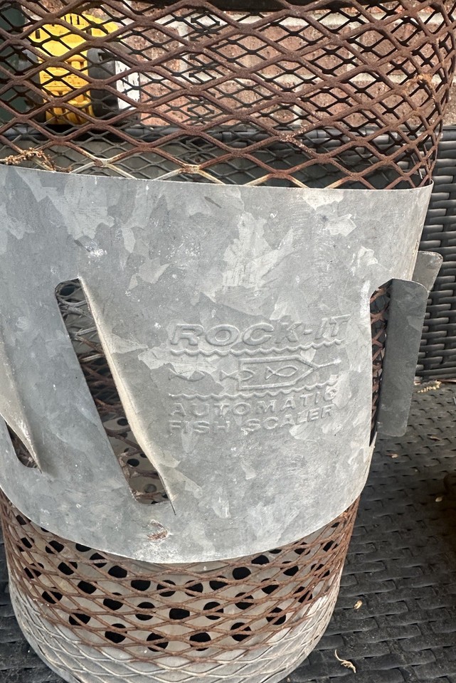 Vintage ROCK-IT Automatic Fish Scaler Galvanized Metal Fishing Bucket ...