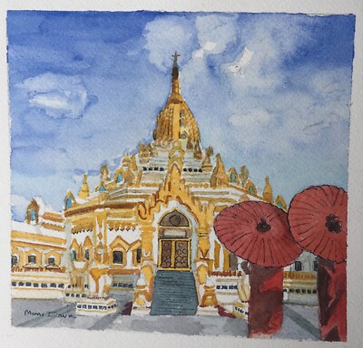 MYANMAR, YANGON - SHWEDAGON PAGODA /ORIG. W/C / 9" X 12"/ MIMI DAVIS ...
