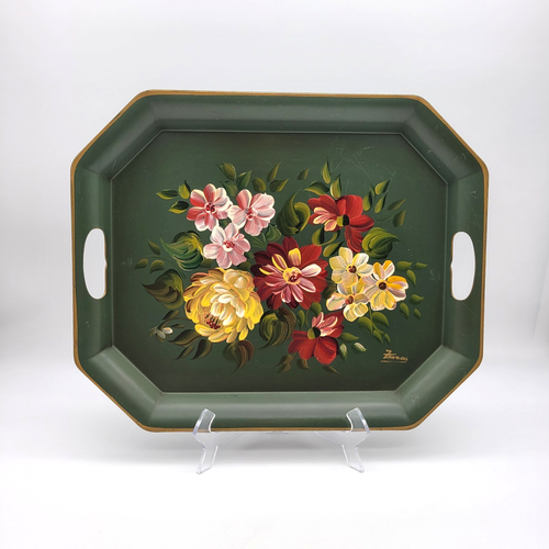 Vintage Metal Tray w Flowers Painted Inset Handles Rectangular 17" x 14 ...