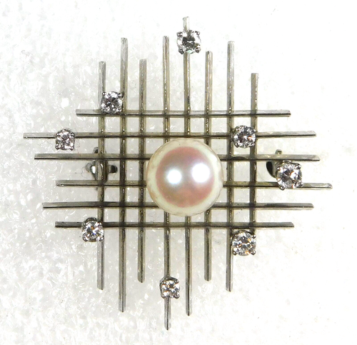 GEORG JENSEN & WENDEL 18K W GOLD PEARL 8 DIAMONDS Vintage DANISH MODERN ...