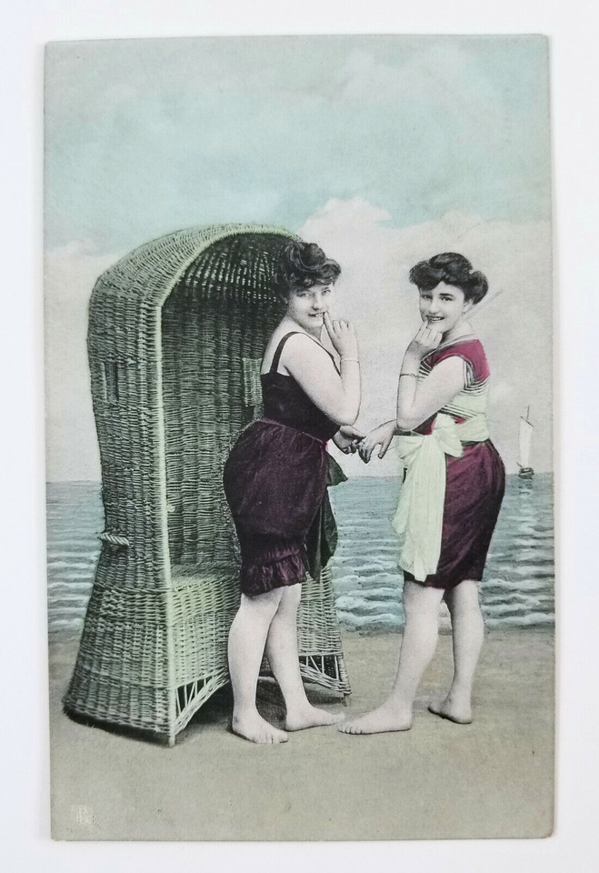 3 Hand Colored Postcards Bathing Beauty Women Swimsuit Wicker Chair ...