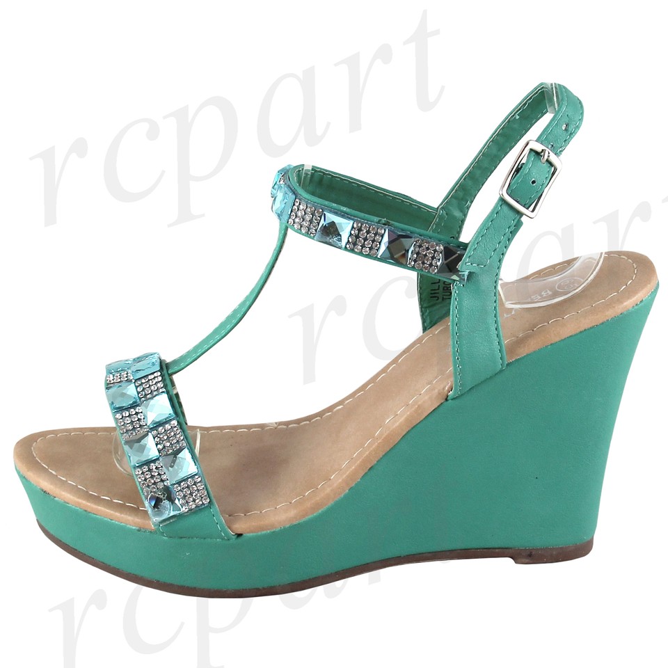 New women's shoes sandals open toe wedge turquoise blue rhinestones ...