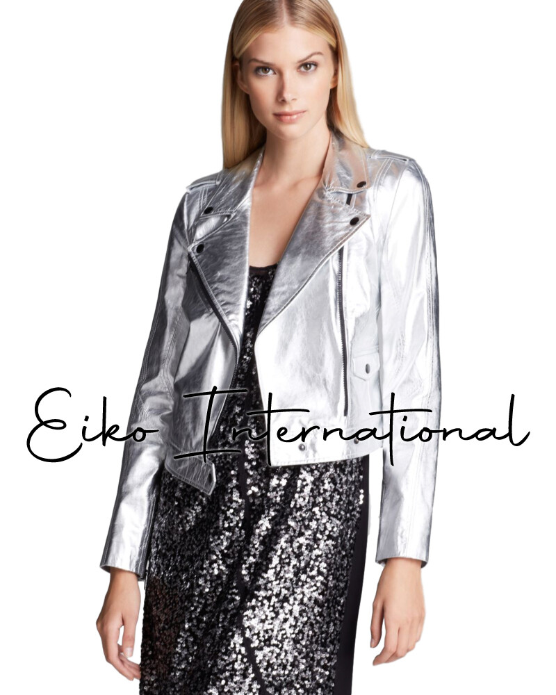 Women Metallic Silver Motorcycle Jacket Womens Real Leather Biker ...